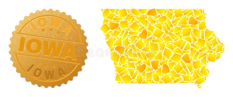 Iowa State Map Collage of Golden Elements and Textured Iowa Badge Stock ...