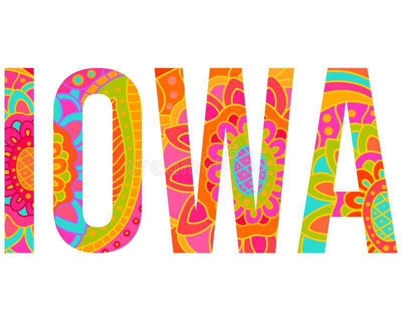 Iowa State Text Name Filled with Colorful Doodle Pattern Stock ...