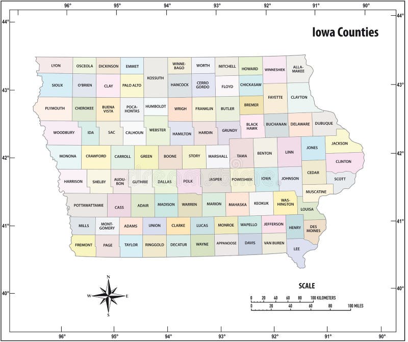 Iowa State Outline Administrative and Political Vector Map in Color ...