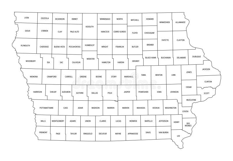 State of Iowa, Subdivided into 99 Counties, Outline Map Stock Vector ...