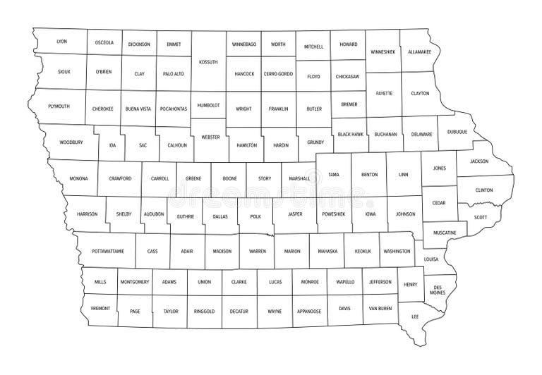 State of Iowa, Subdivided into 99 Counties, Outline Map Stock Vector ...