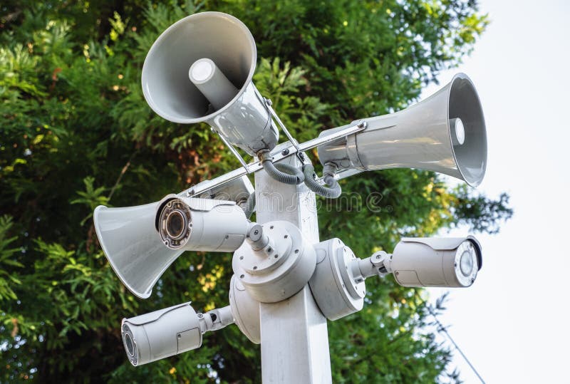 IP CCTV Cameras and Loudspeakers on Pole for Public Protection and ...