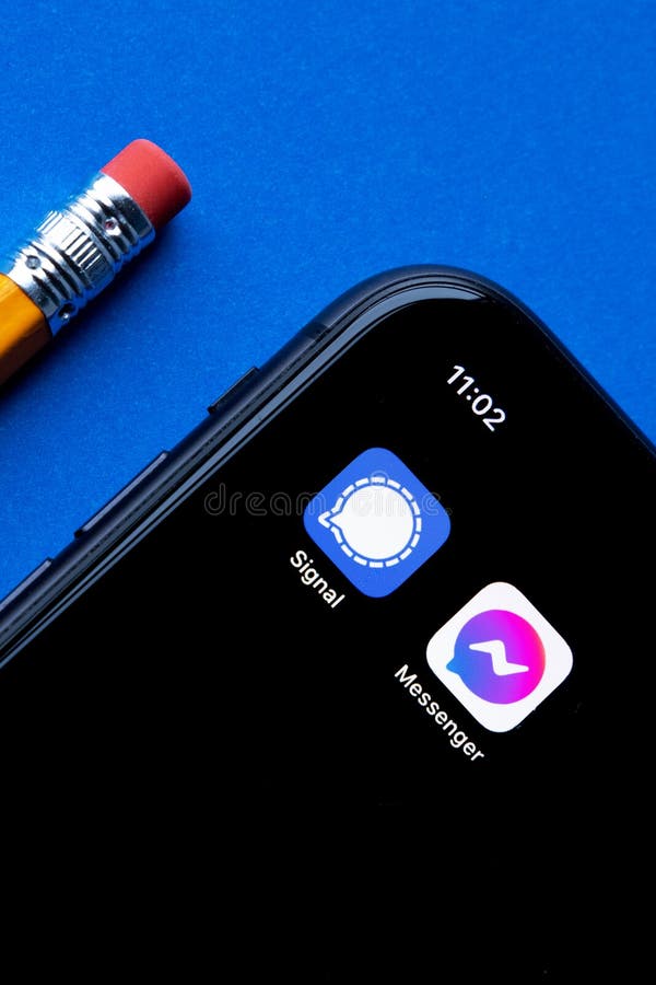 IPhone 11 on Blue Background with Messengers Apps Signal and Facebook ...