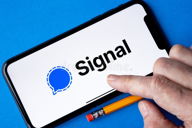 IPhone 11 on Blue Background with New Messenger App Signal Logo and ...