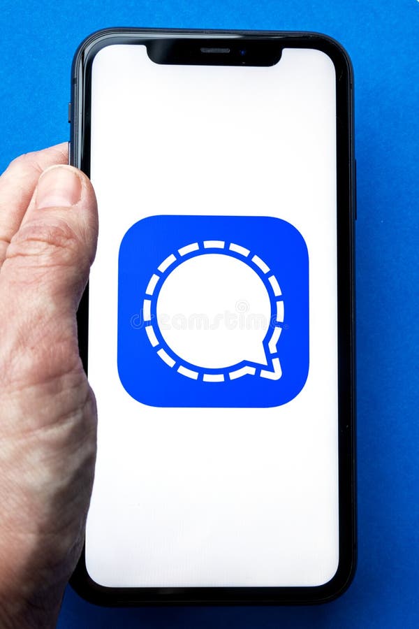 IPhone 11 on Blue Background with New Messenger App Signal Logo and ...