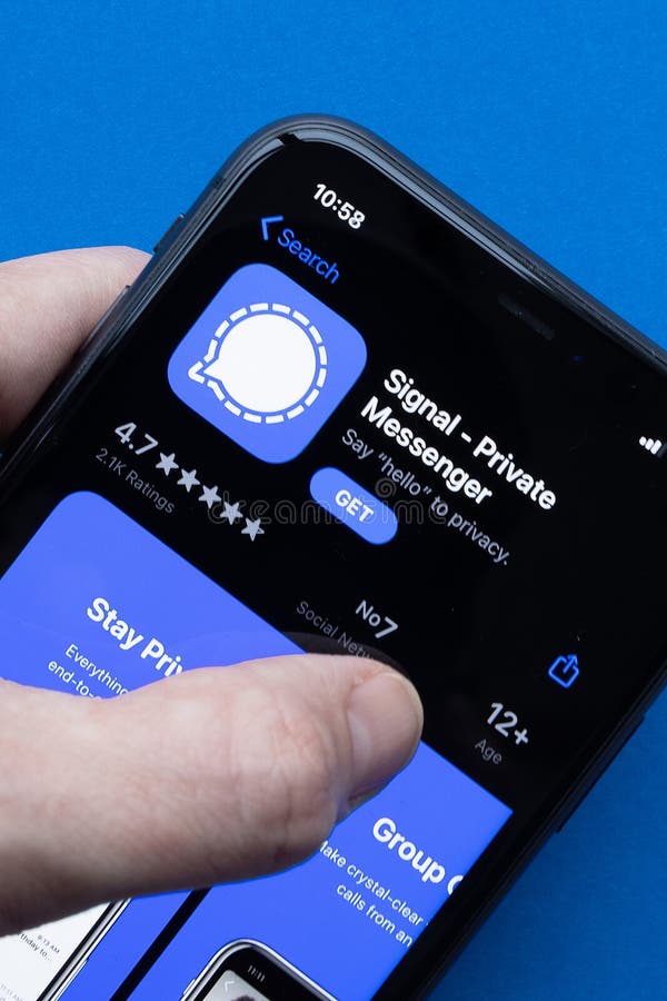 IPhone 11 on Blue Background with New Messenger App Signal Logo and ...