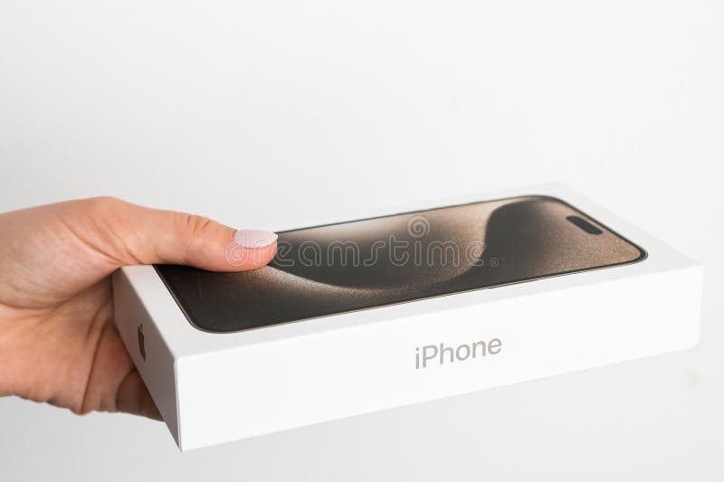 IPhone Box in Womans Hand on a White Background Editorial Stock Photo ...