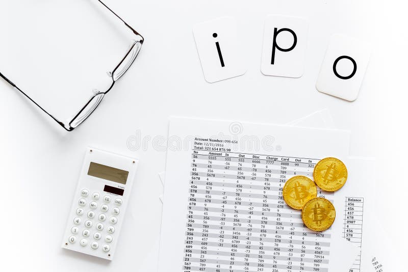 IPO with Coins and Calculation Table on Office Desk White Background ...