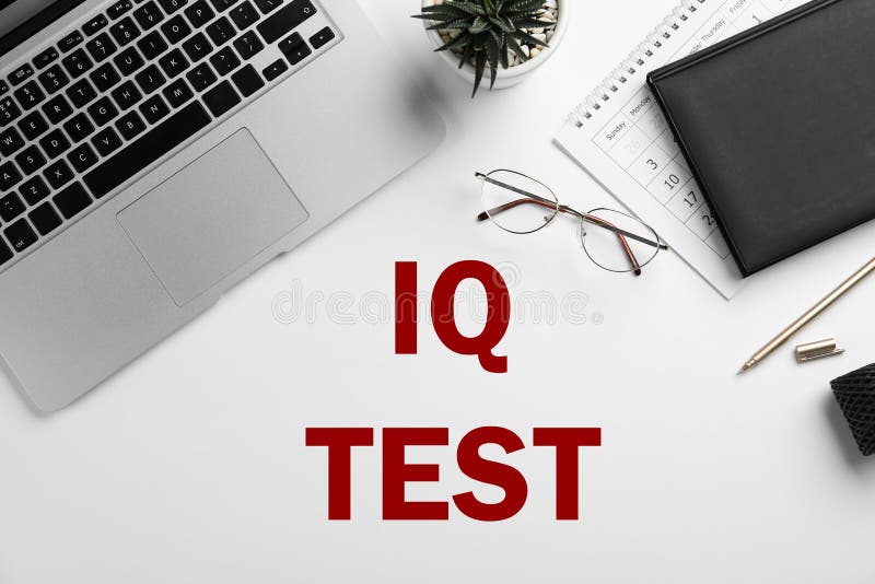 IQ Test. Composition with Laptop, Glasses and Stationery on White ...