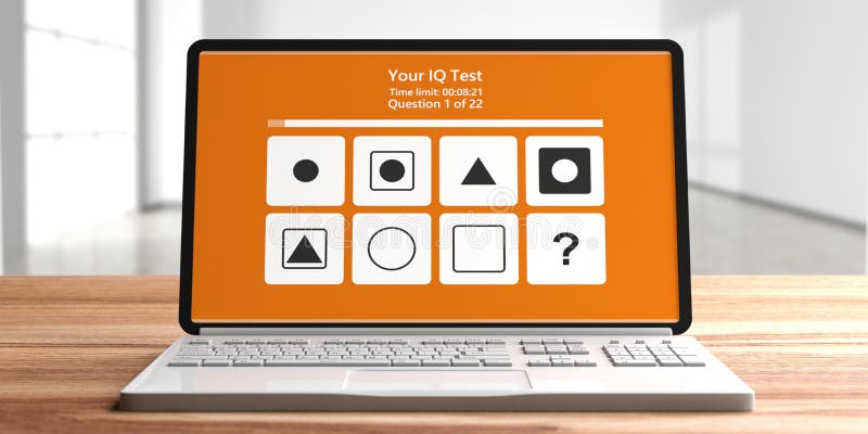 IQ Test Form on Computer Laptop Screen, Blur Empty Room Background. 3d ...