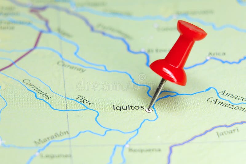 Iquitos, Peru pin on map stock image. Image of atlas - 337475235