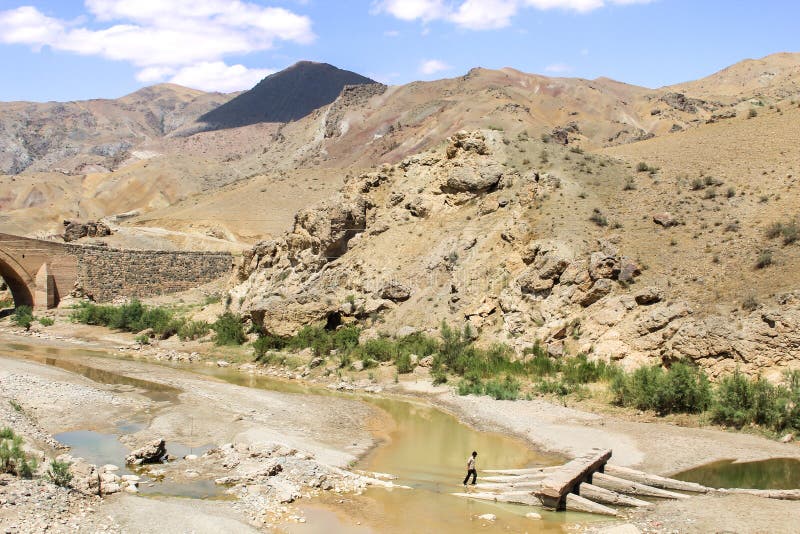 Mountain and River in Iran with Orange Rocks and Desert Around Stock ...