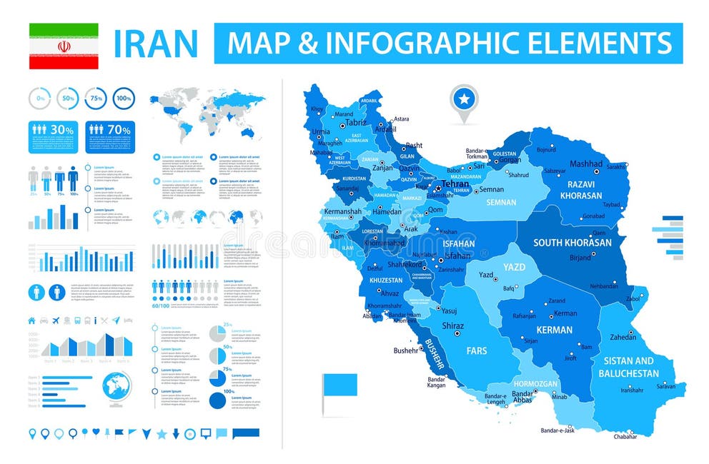 Iran Infographic Map with Data Visualization Elements - Vector Map of ...