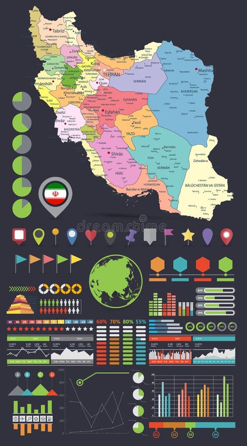 Iran Map and Infographic Design Elements. on Black Stock Vector ...