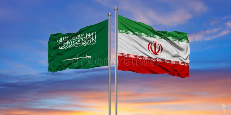 Iran and Saudi Arabia Two Flags on Flagpoles and Blue Cloudy Sky Stock ...