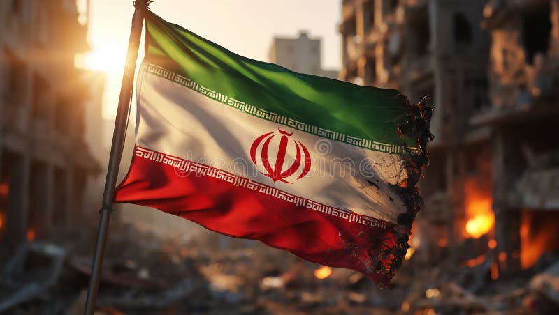The Iranian Flag Against the Backdrop of War-torn Cities. Stock ...