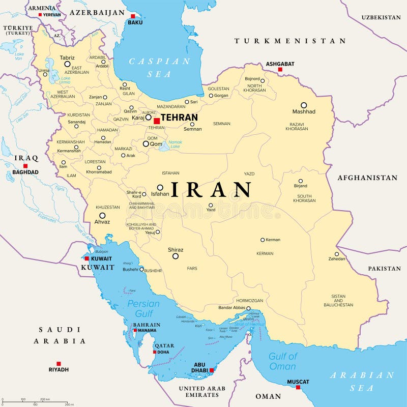 Iran, Political Map with Provinces, Borders, Capital Tehran and Major ...
