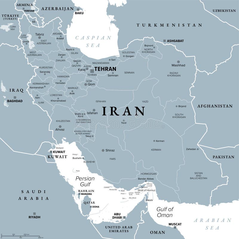 Iran with Provinces, Gray Political Map with Borders, and Major Cities ...
