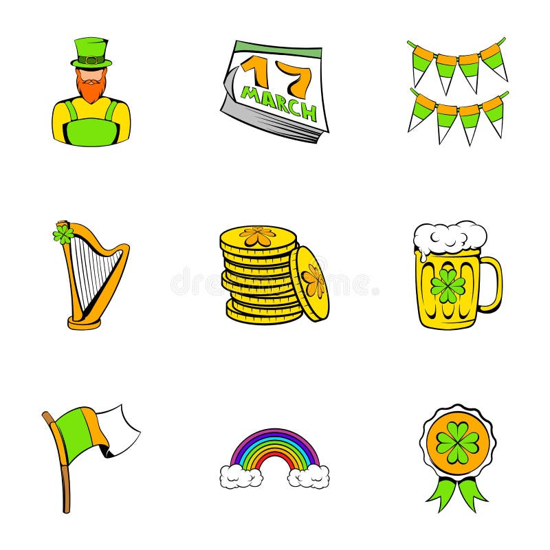 Ireland Day Icons Set, Cartoon Style Stock Vector - Illustration of ...
