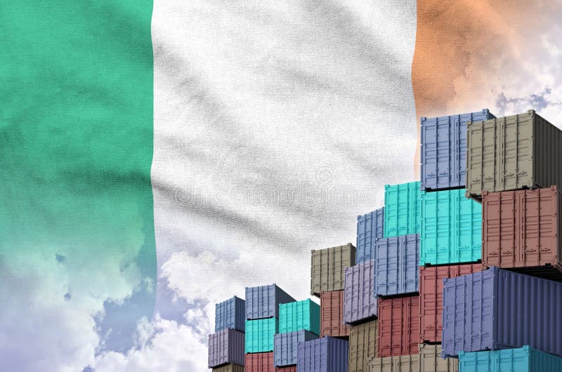 Ireland Flag and Big Stack of Shipping Cargo Containers in Docks with ...