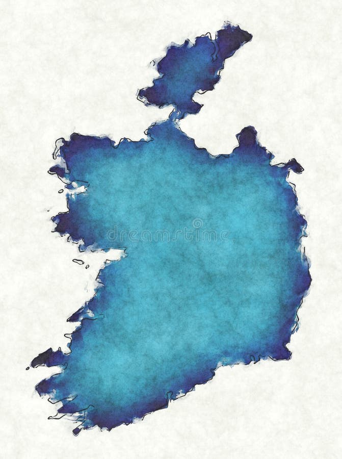Ireland Map with Drawn Lines and Blue Watercolor Illustration Stock ...