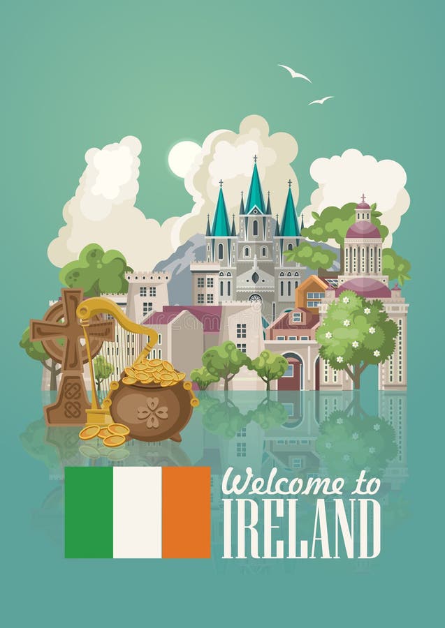 Ireland Vector Flat Background with Landmarks, Irish Castle, Green ...
