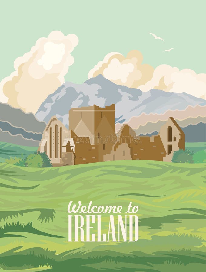 Ireland Vector Flyer with Landmarks, Irish Castle, Green Fields. Stock ...