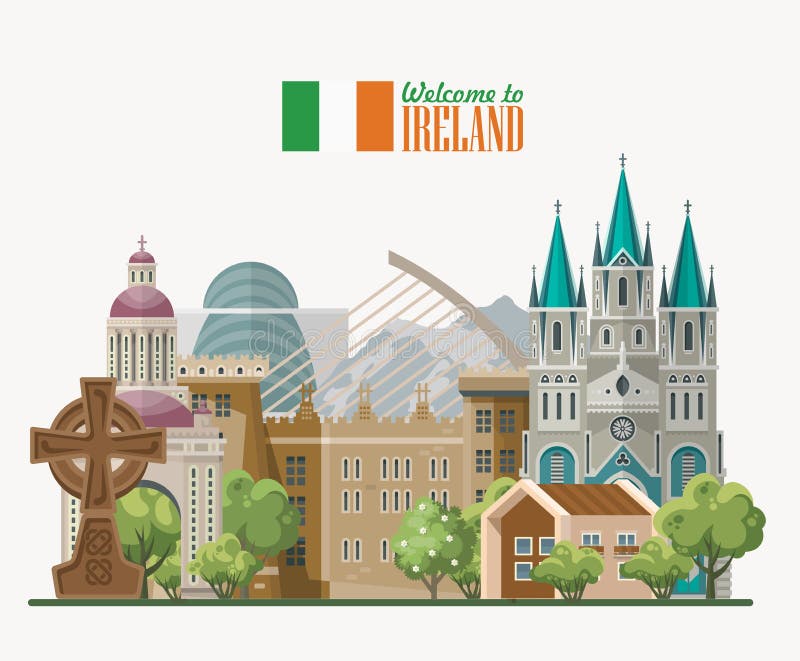 Ireland Vector Postcard with Landmarks, Irish Castle, Green Fields ...