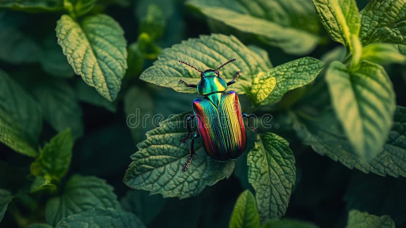 Iridescent Beetle on Green Leaf, Nature Macro. Biodiversity and ...