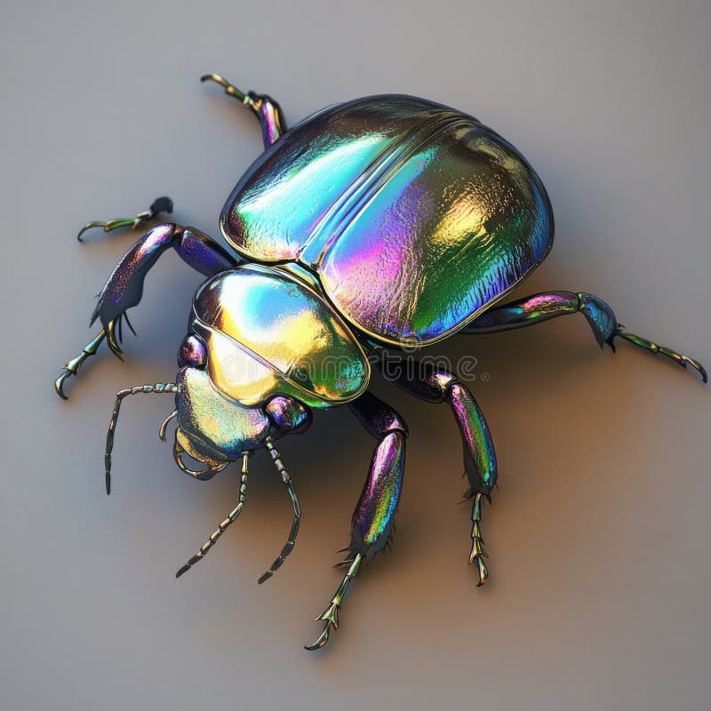 Iridescent Beetle with Multicolored Shell on Soft Gray Background Stock ...