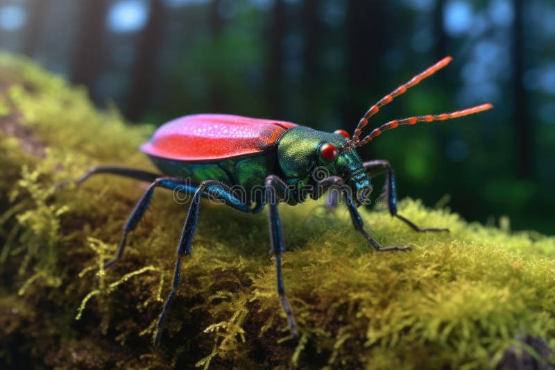 Iridescent Beetle Resting on a Mossy Rock Stock Illustration ...