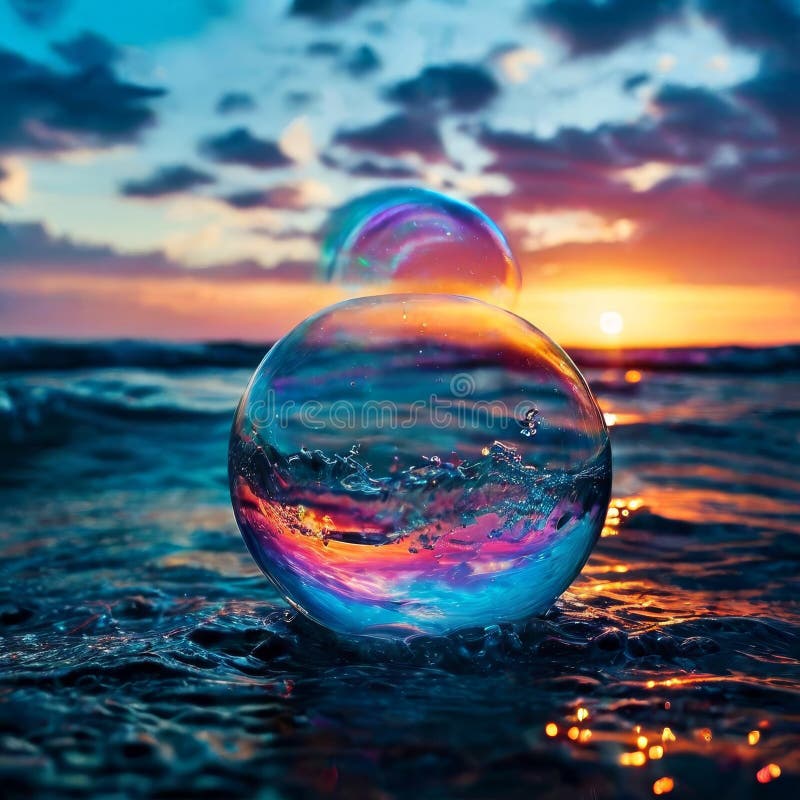 Iridescent Bubble Floating on Ocean Waves at Sunset Stock Image - Image ...