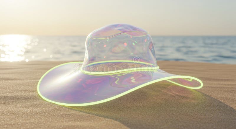 Iridescent Bubble Hat on Sandy Beach at Sunset Stock Illustration ...