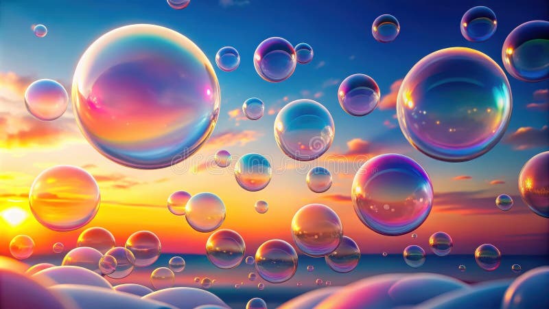 Iridescent Bubbles Float Across a Vibrant Sunset Sky. Generative AI ...