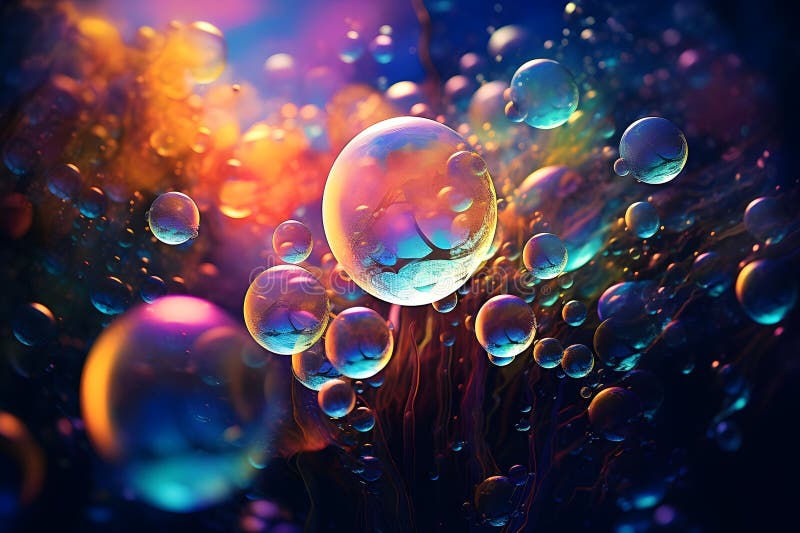 Iridescent Bubbles Float Against a Dark Background Stock Illustration ...