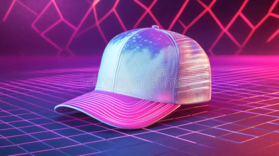 Iridescent Cap with Neon Lighting and Grid Pattern on Surface ...