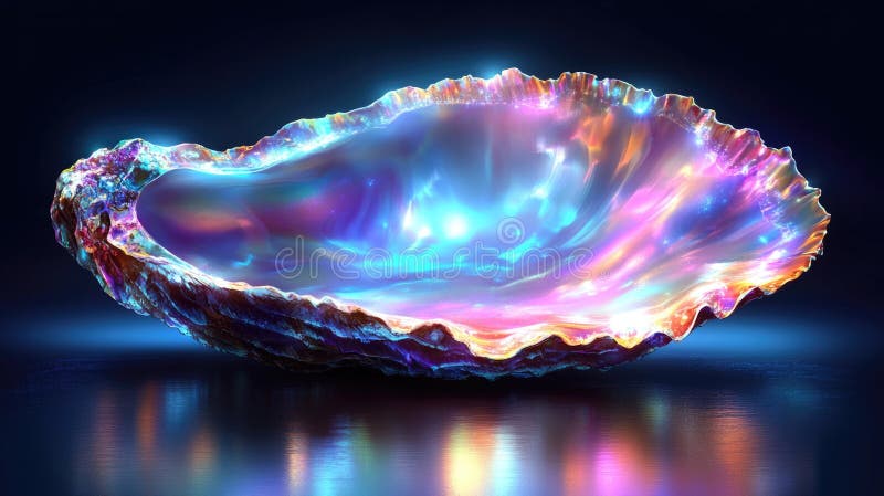Iridescent Clamshell with Vivid Colors and Reflection on Dark Surface ...