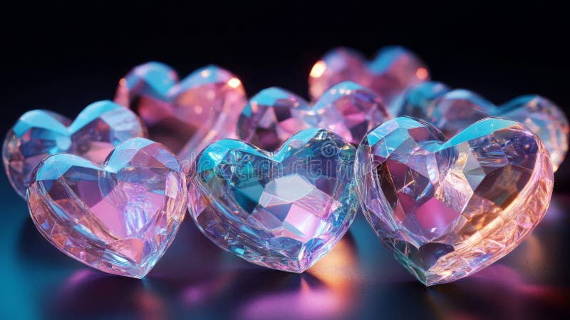 Iridescent Crystal Hearts Glimmering in Dark Light Stock Illustration ...