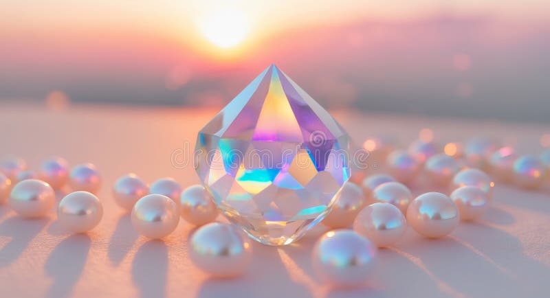 Iridescent Crystal and Pearl Composition at Sunset. Stock Photo - Image ...