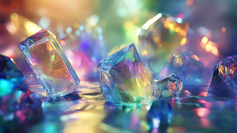 Iridescent Crystal Shapes Against a Blurred Rainbow Background Stock ...
