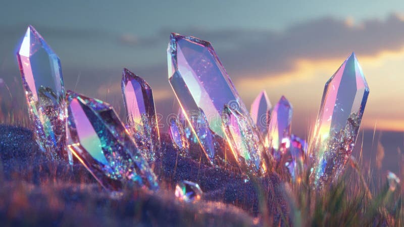 Iridescent Crystals Emerging from Grassy Ground at Sunset Stock ...