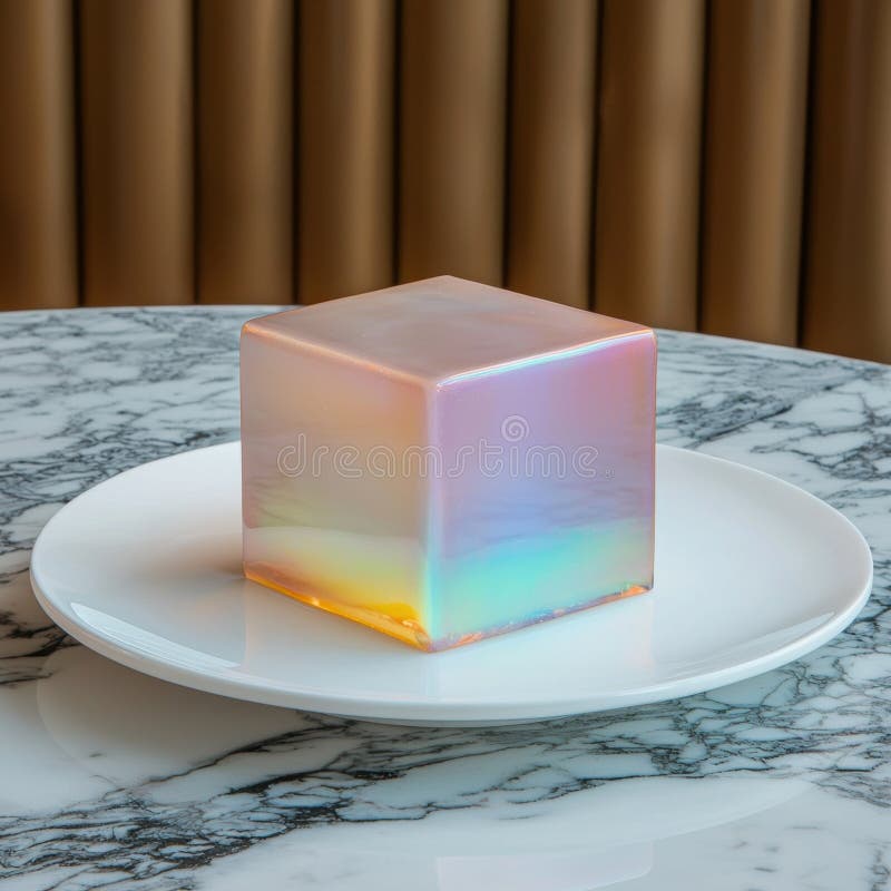 Iridescent Cube on a White Plate on a Marble Table. Stock Illustration ...