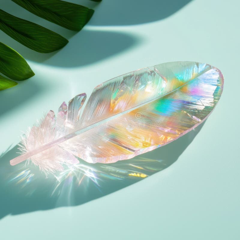 Iridescent Feather on Tropical Leaves Stock Illustration - Illustration ...