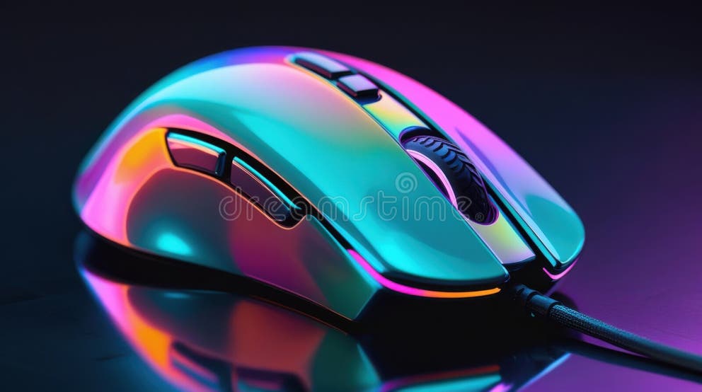 Iridescent Gaming Mouse with Black Cable on Reflective Surface Stock ...