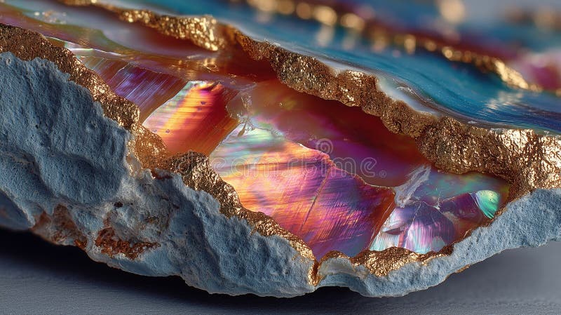 Iridescent Gemstone Cross-section with Gold Crystal Edges Stock Photo ...