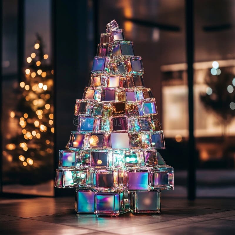 Iridescent Glass Cube Christmas Tree Sculpture in Modern Interior ...