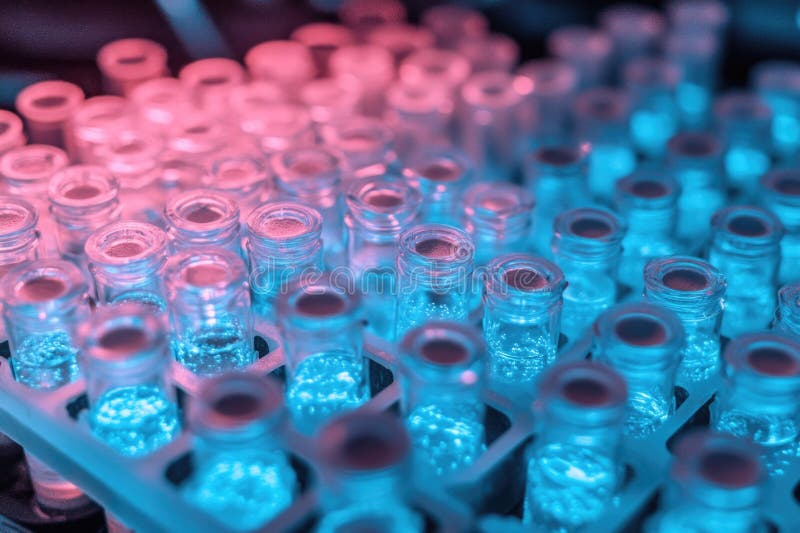 Iridescent Laboratory Glass Vials in Neon Blue and Pink Light Stock ...