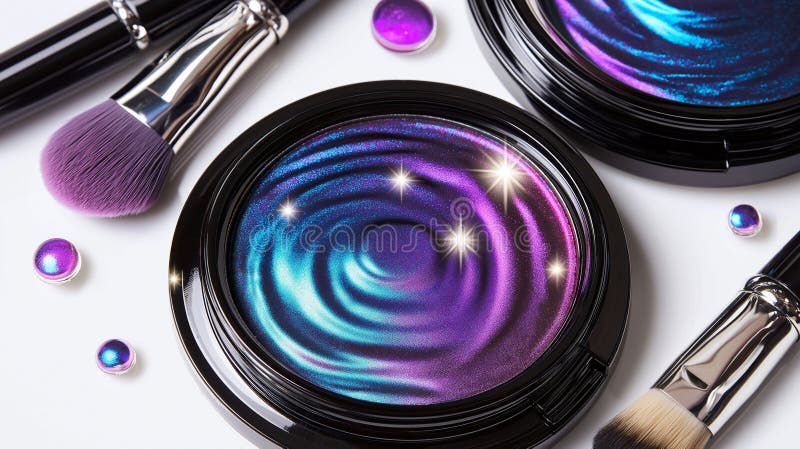 Iridescent Makeup Powder with Brushes and Pearls on White Surface Stock ...