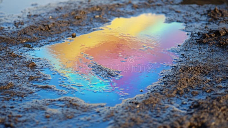 Iridescent Oil Slick Puddle in Dark Soil Stock Illustration ...