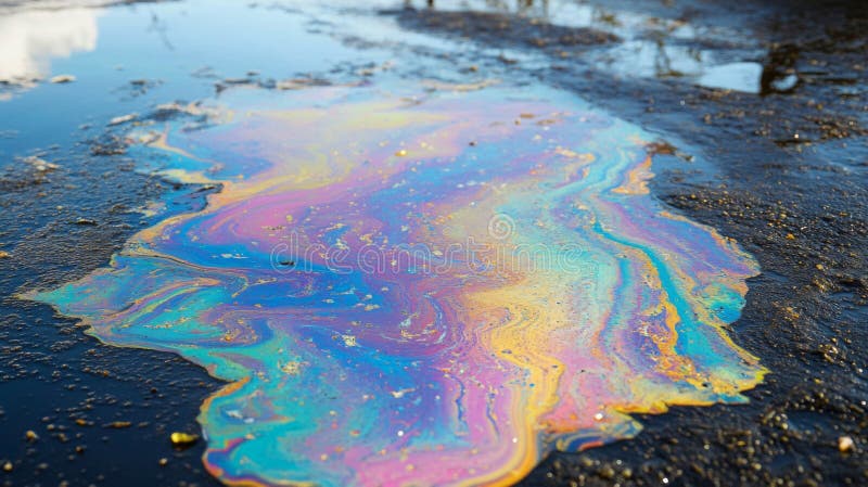 Iridescent Oil Spill on Dark Asphalt Surface Stock Illustration ...